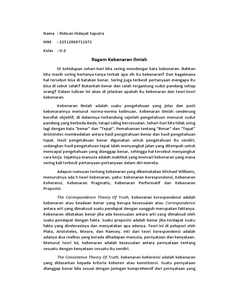 Essay Kebenaran Ilmiah | PDF | Filsafat | Pengembangan Diri