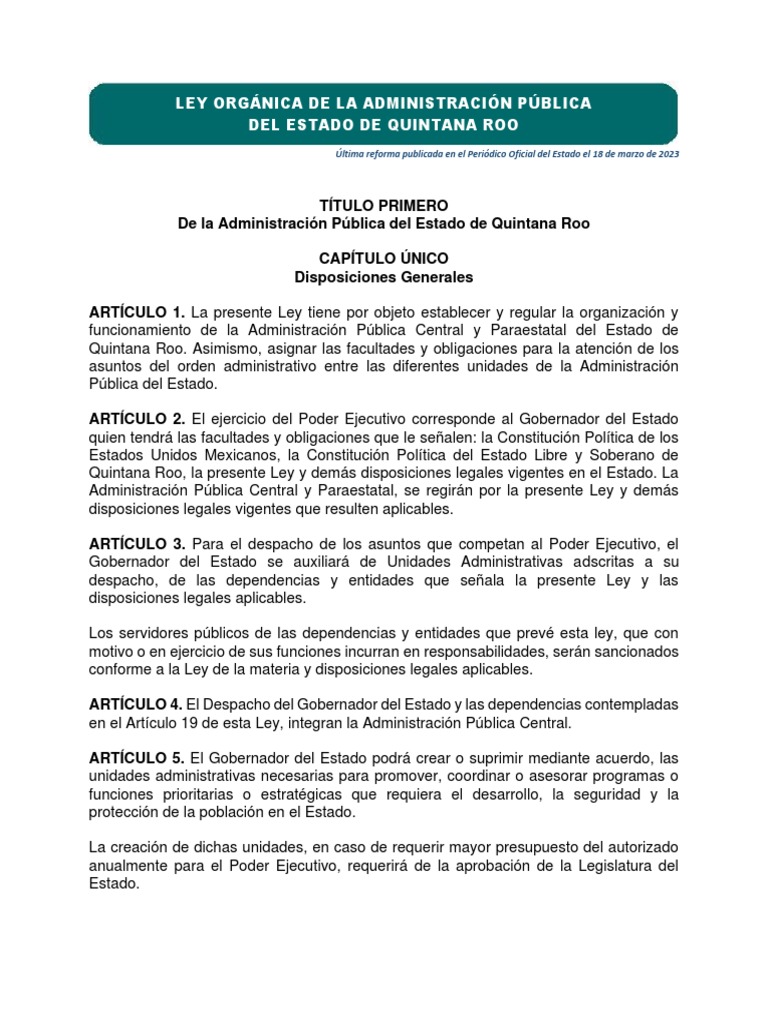 Ley Orgánica de La Administración Pública Del Estado de Quintana Roo 18 ...