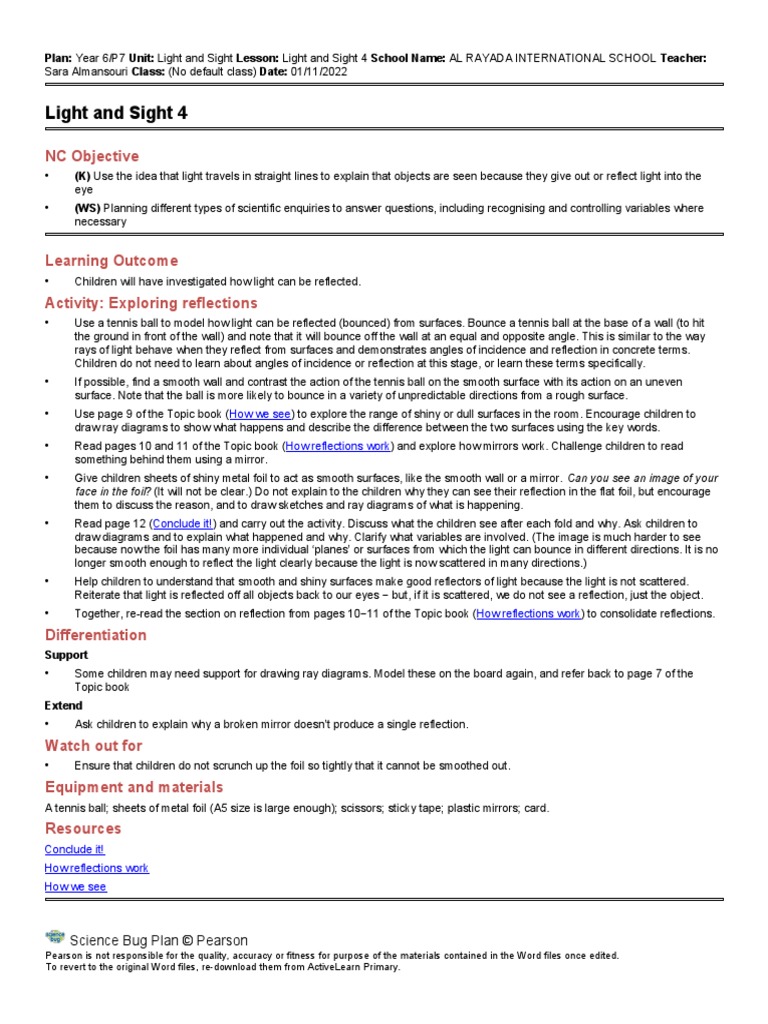 Light and Sight 4 | PDF | Reflection (Physics) | Mirror