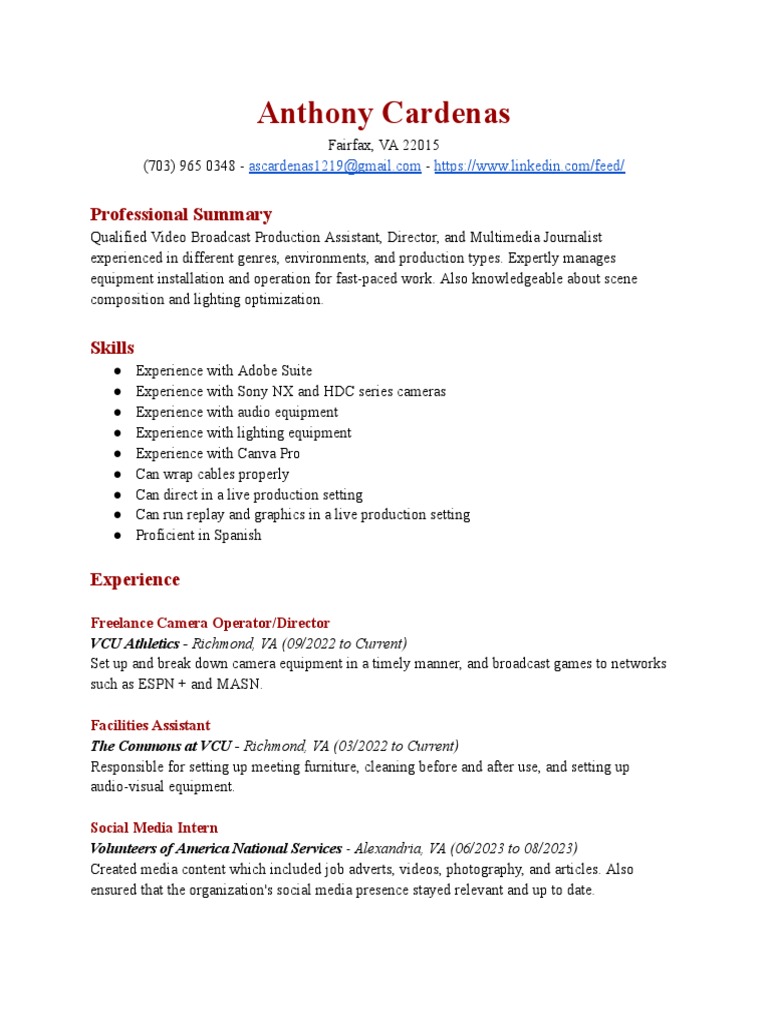 Anthony Cardenas Resume 2023 | PDF | News | Mass Media