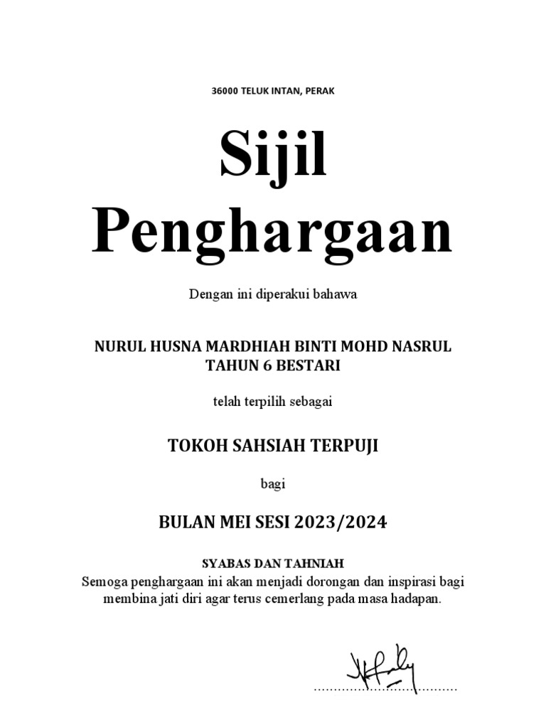 Sijil Tokoh Sahsiah | PDF
