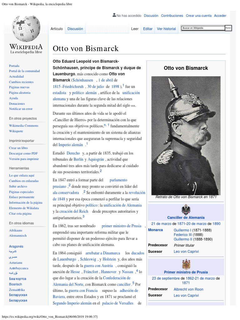 Otto Von Bismarck - Wikipedia, La Enciclopedia Libre | PDF
