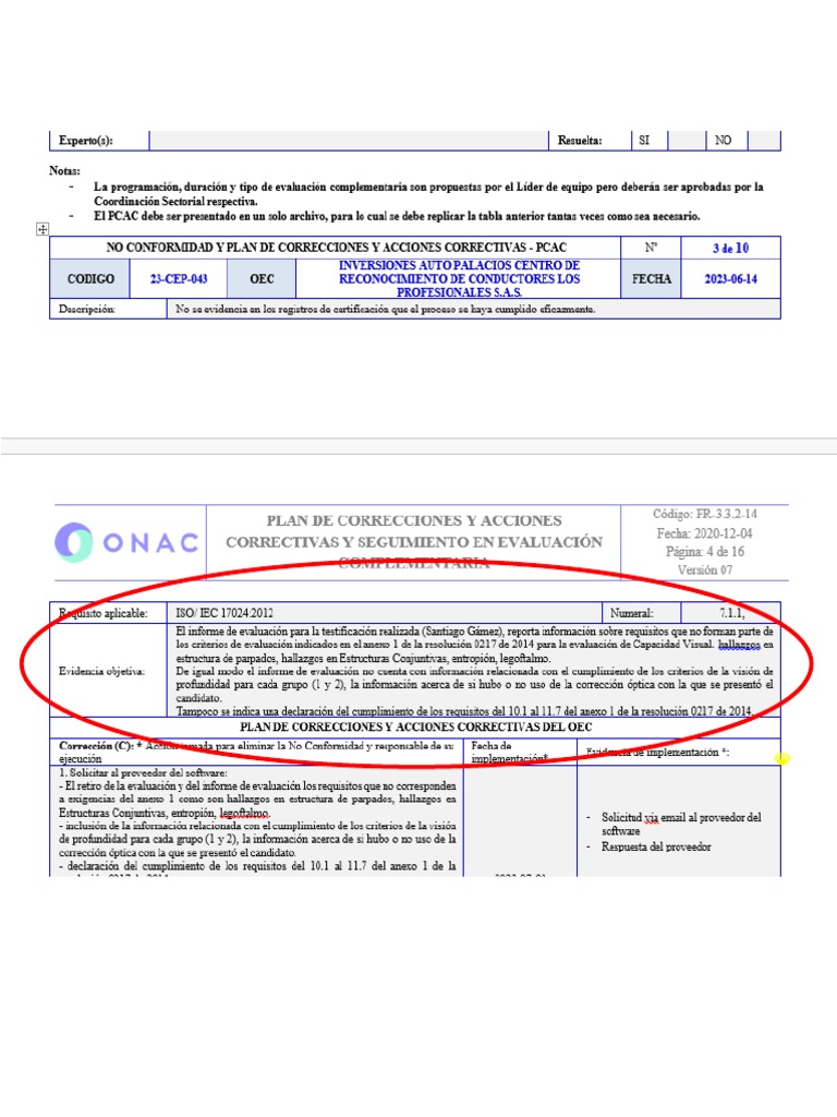 Anexo para Sincro No Conformidad Onac | PDF