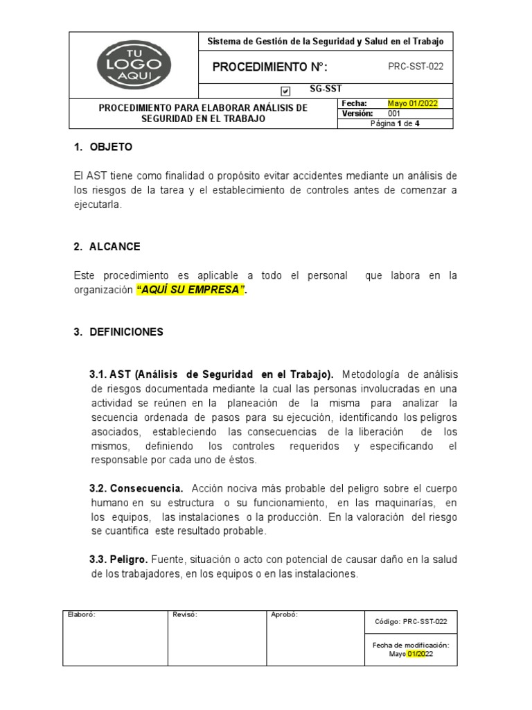PRC-SST-022 Procedimiento para Elaborar AST | Descargar gratis PDF | Riesgo