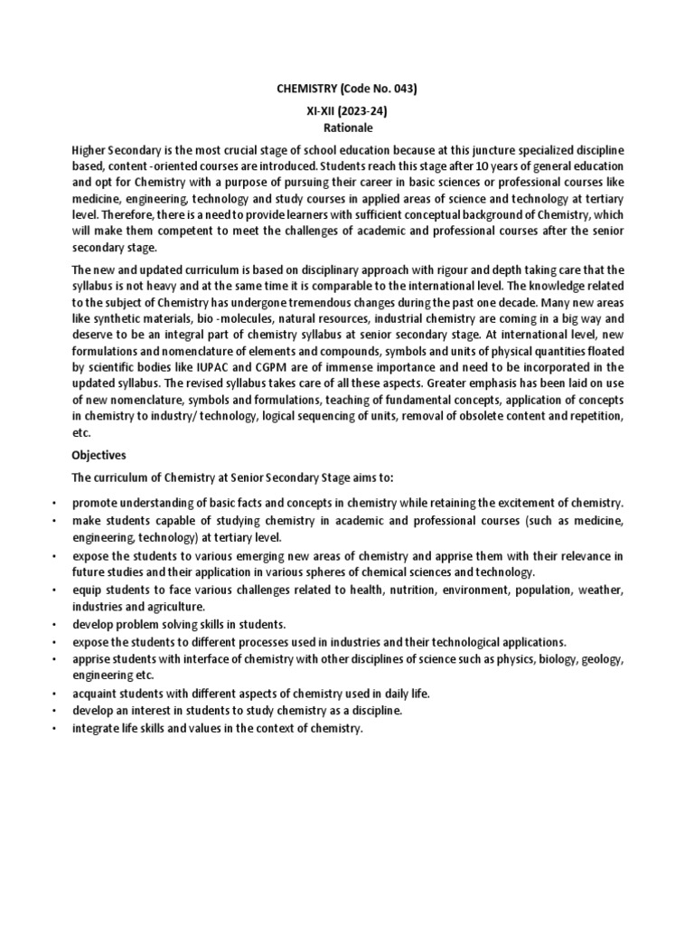 CBSE Syllabus 2023 2024 Class 12 Chemistry | PDF