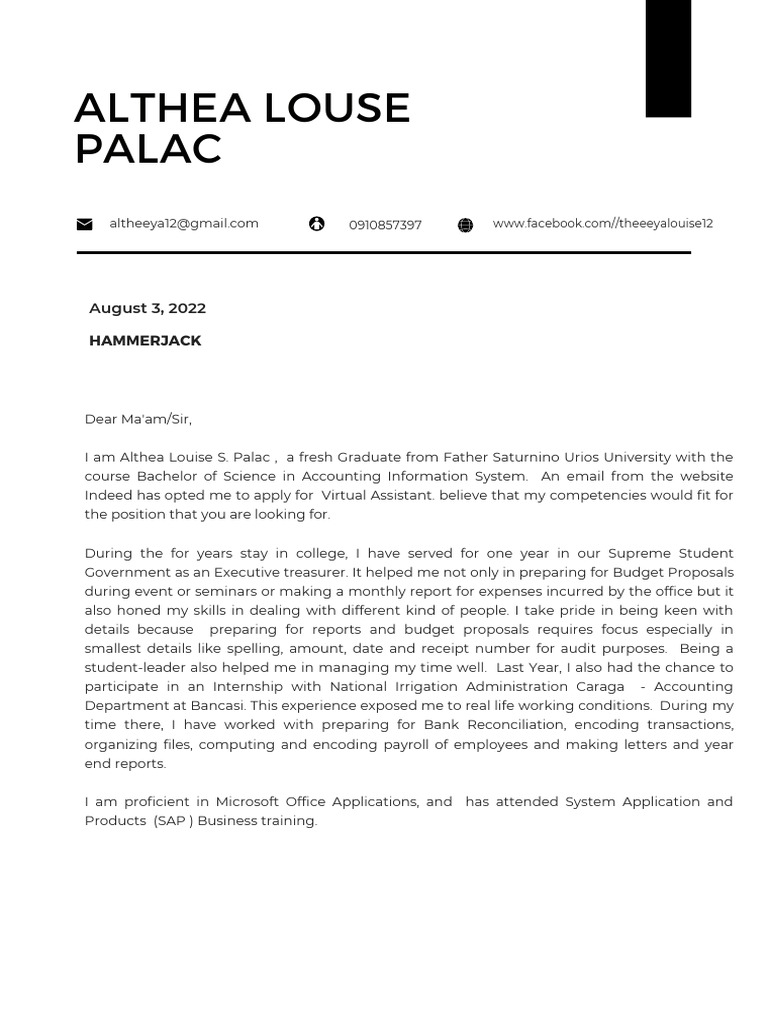 Application Letter - Althea Palac | PDF