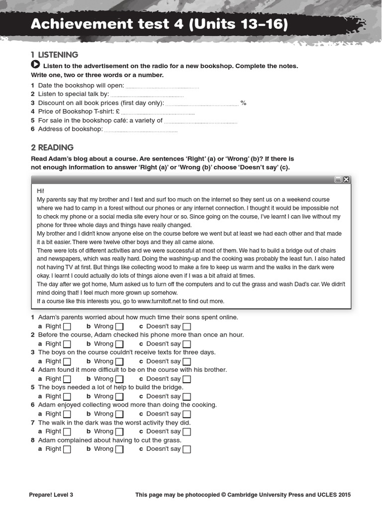 Prepare Level 3 Achievement Test 4 U13-16 | PDF