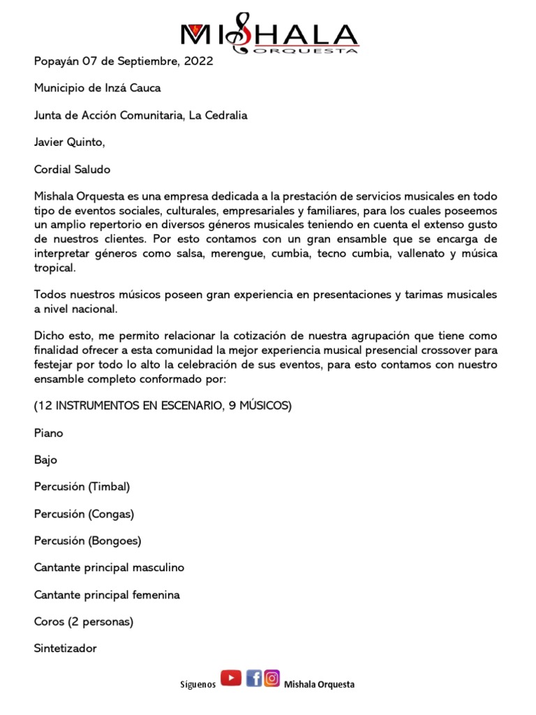 Cotización Octubre Mishala Orquesta | PDF | Las artes escénicas ...