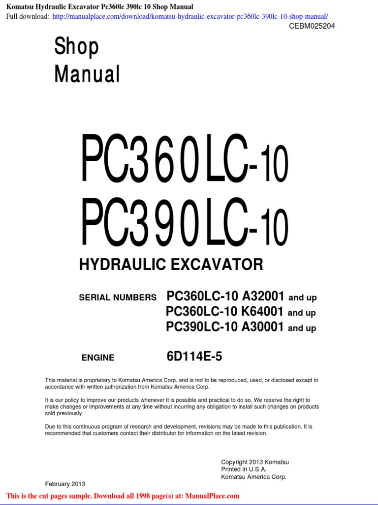 Komatsu Hydraulic Excavator Pc360lc 390lc 10 Shop Manual | PDF | Welding | Construction