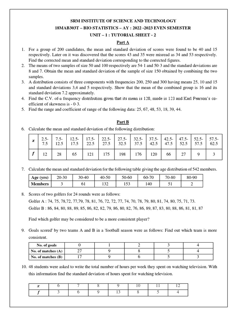 Unit 1 - Tutorial Sheet 2 - 18MAB303T - 22-23 Even | PDF | Coefficient Of Variation | Standard ...