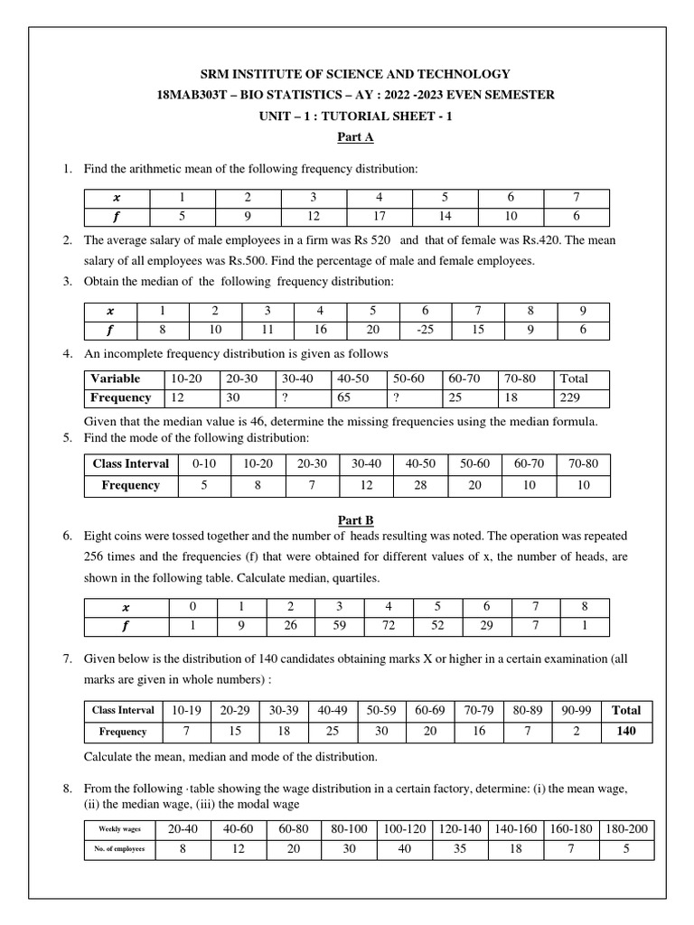 Unit 1 - Tutorial Sheet 1 - 18MAB303T - 22-23 Even | Download Free PDF | Mean | Mode (Statistics)