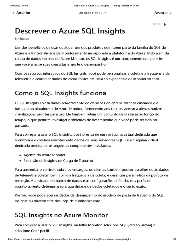 Descrever O Azure Sql Insights Training Microsoft Learn Pdf 