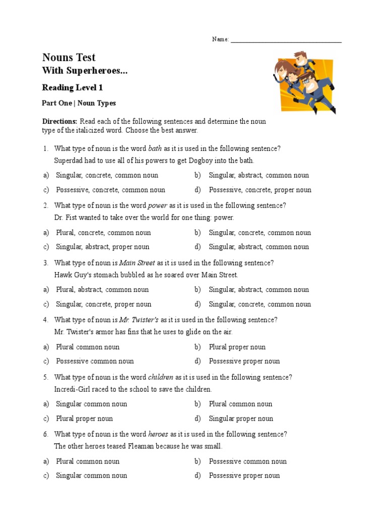 Superhero Noun Quiz for Kids | PDF | Grammatical Number | Plural