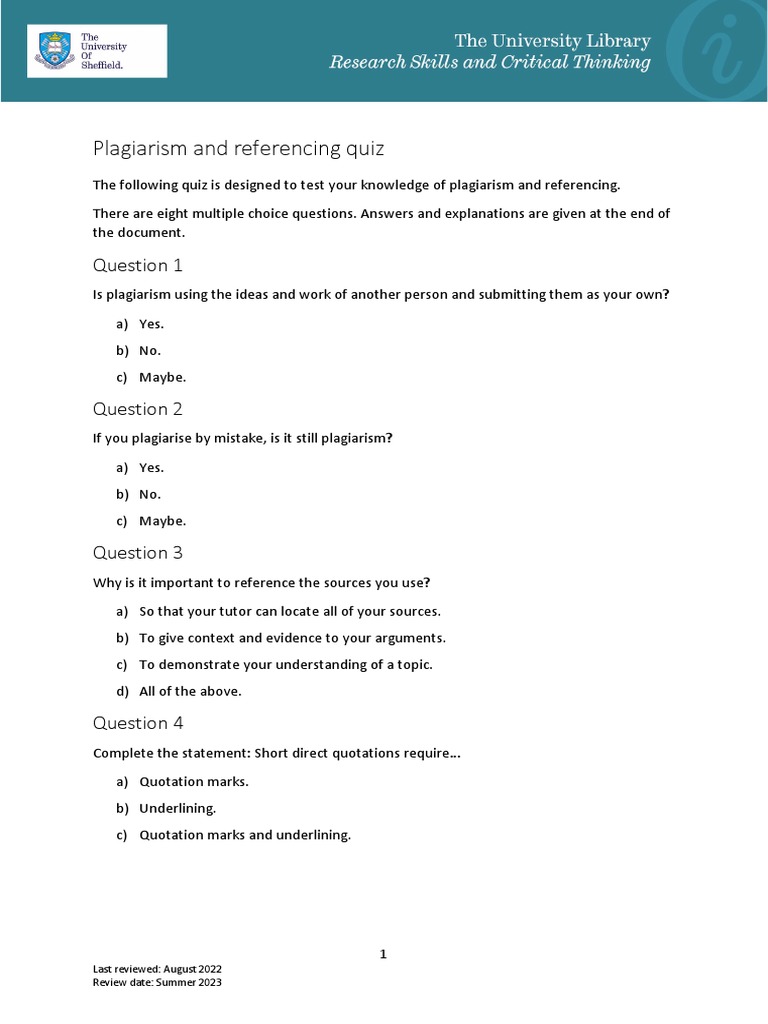 Plagiarism Referencing Quiz | PDF | Plagiarism | Human Communication