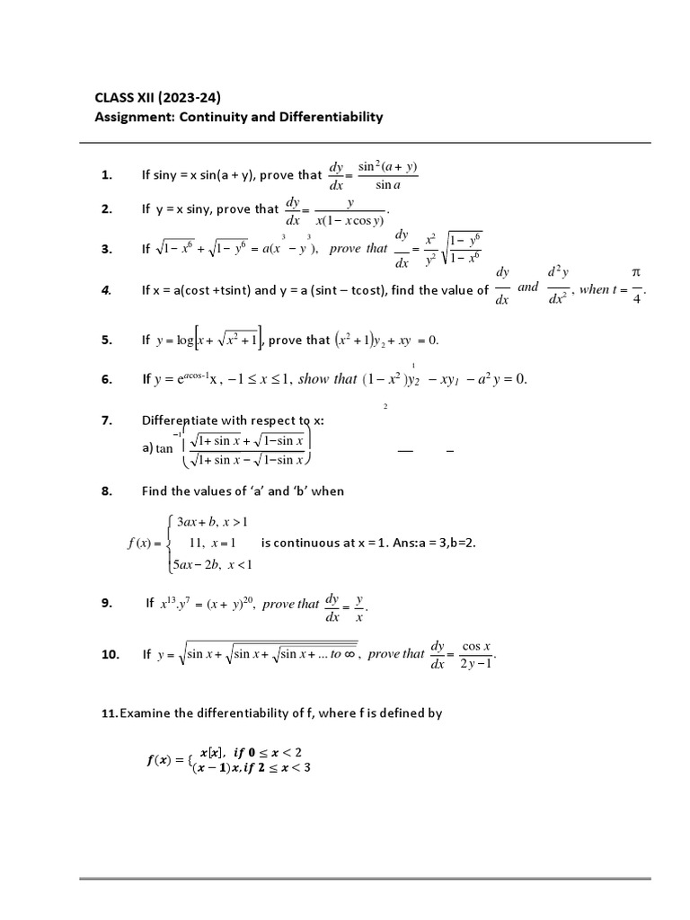 Assignment-Continuity and Differentiability | PDF