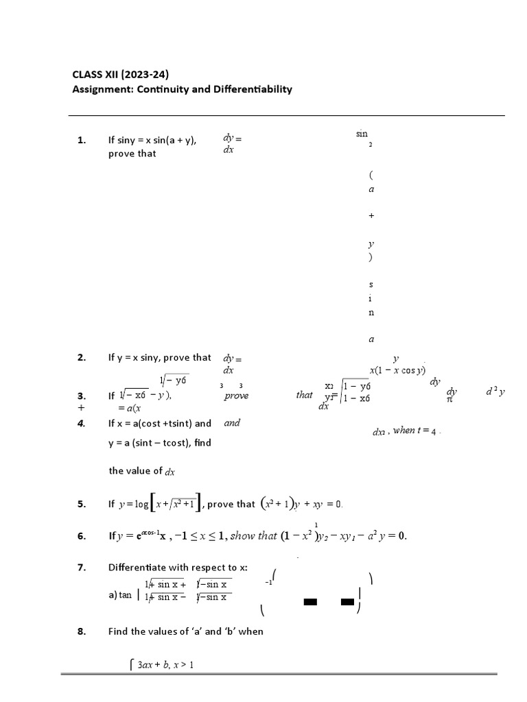 Assignment-Continuity and Differentiability | PDF