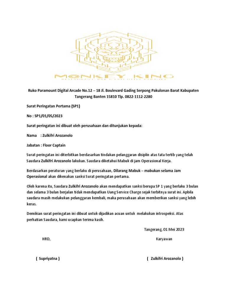 Surat Peringatan Pertama Karyawan Disiplin | PDF