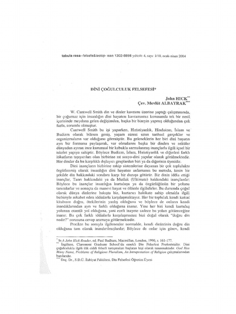 John Hick, Dini Çoğulculuk Felsefesi, Çeviren Mevlüt Albayrak, Tabula ...