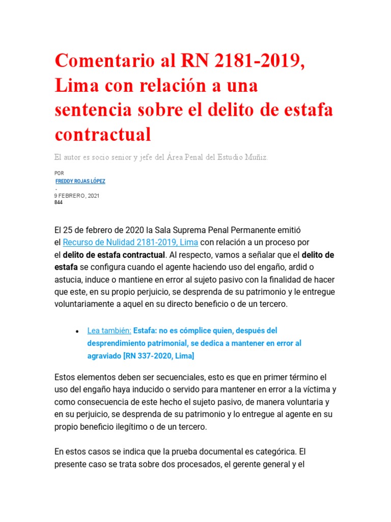 Estafa contractual en Perú: análisis RN 2181-2019 | PDF