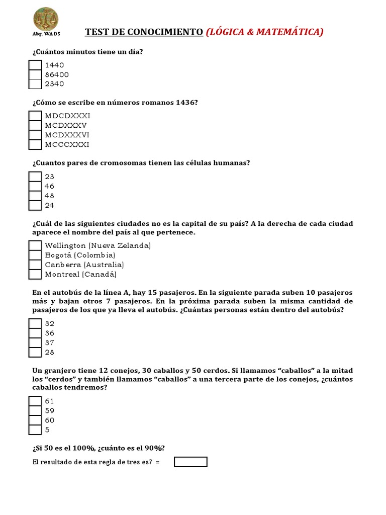 TEST DE CONOCIMIENTO (Lógica Matemática) | PDF