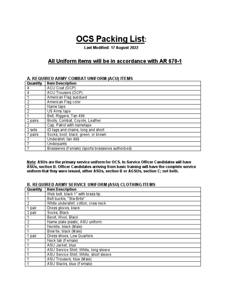 OCS Packing List and Uniform Requirements | PDF