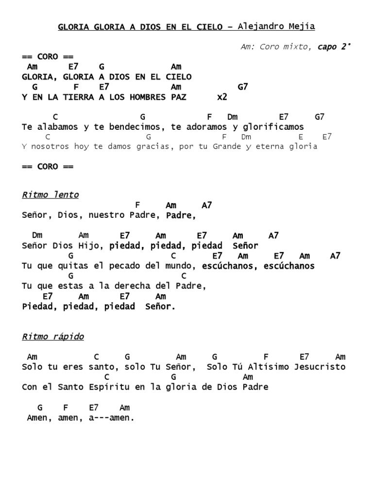 Gloria A Dios en El Cielo Alejandro Mejia Acordes | PDF
