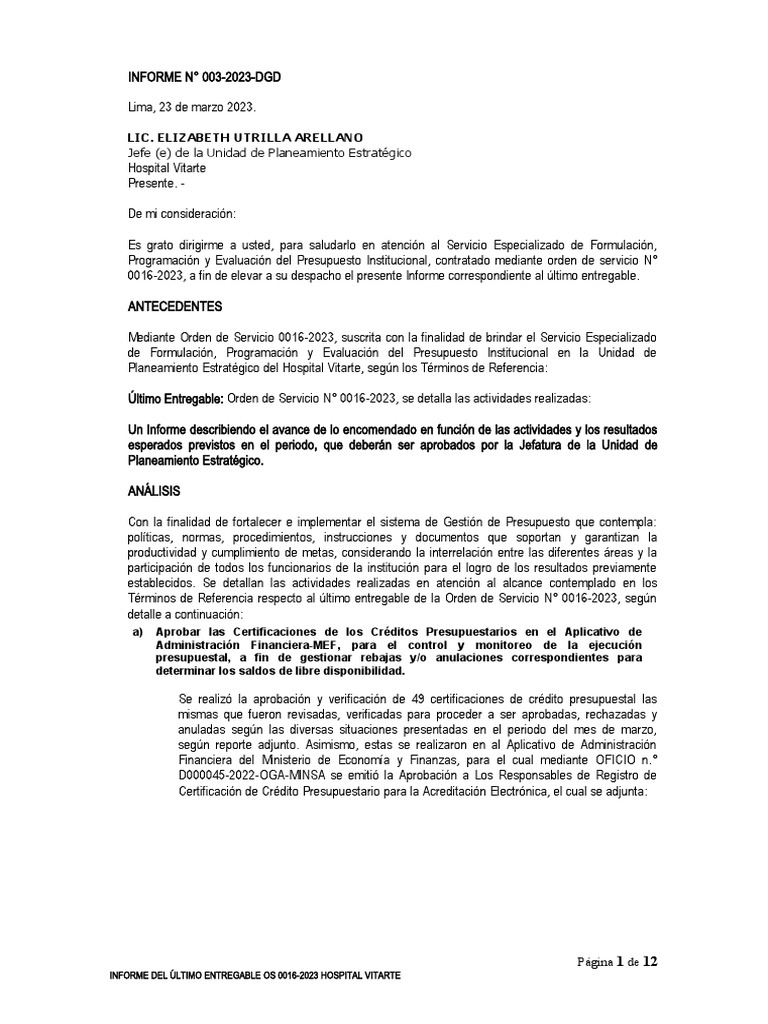 Carta Informe Entregable - Marzo-1 | PDF