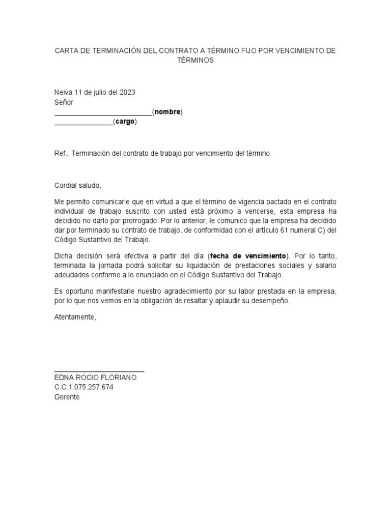 Carta Terminacion Del Contrato Termino Fijo Vencimiento de Terminos | PDF