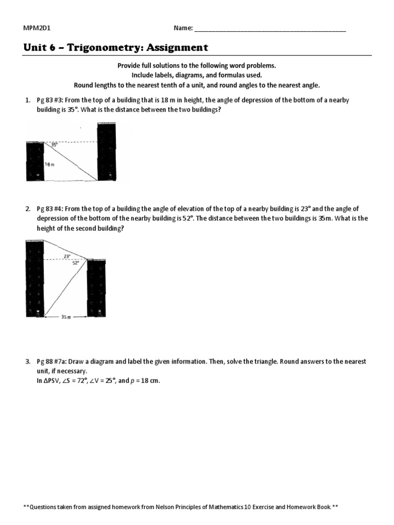 MPM2D1 - Unit 6 - Trigonometry Assignment | PDF