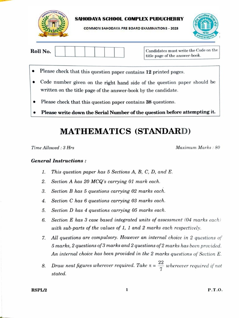MATHS Puducherry Sahodaya SET B (1) | PDF | Triangle | Area