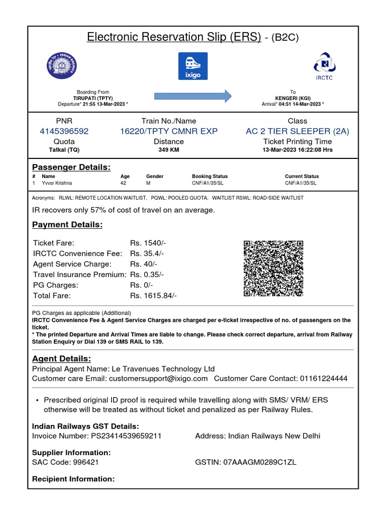 Electronic Reservation Slip (ERS) : 4145396592 16220/tpty CMNR Exp Ac 2 Tier Sleeper (2A) | PDF ...