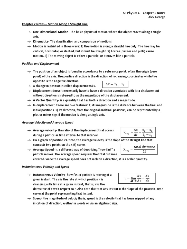 Chapter 2 Notes - Motion Along A Straight Line | PDF | Velocity ...