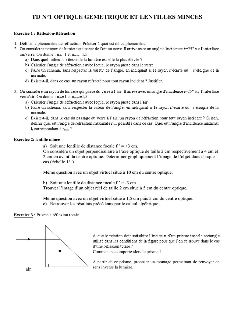 TD N°1 Optique Gemetrique Et Lentilles Minces: Exercice 1: Réflexion-Réfraction | Télécharger ...