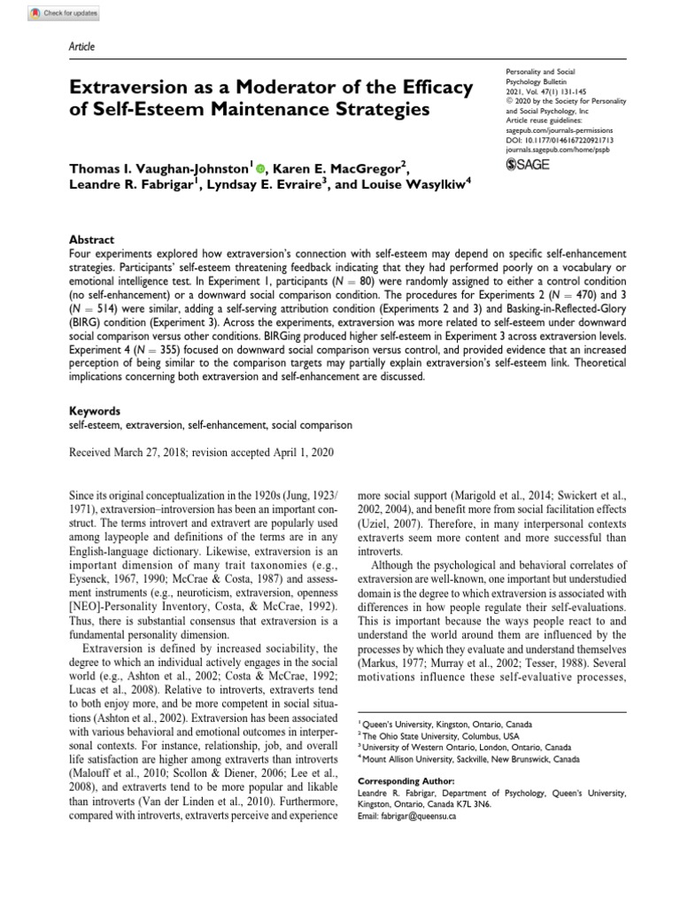 Extraversion As A Moderator of The Efficacy of Self-Esteem Maintenance Strategies | PDF ...