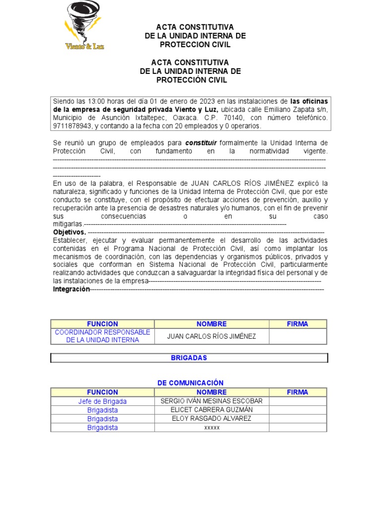 Acta Constitutiva de La Unidad Interna de Proteccion Civil | PDF | Defensa Civil | Emergencia