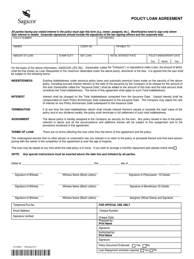 Policy Loan Agreement Template | PDF | Interest | Loans