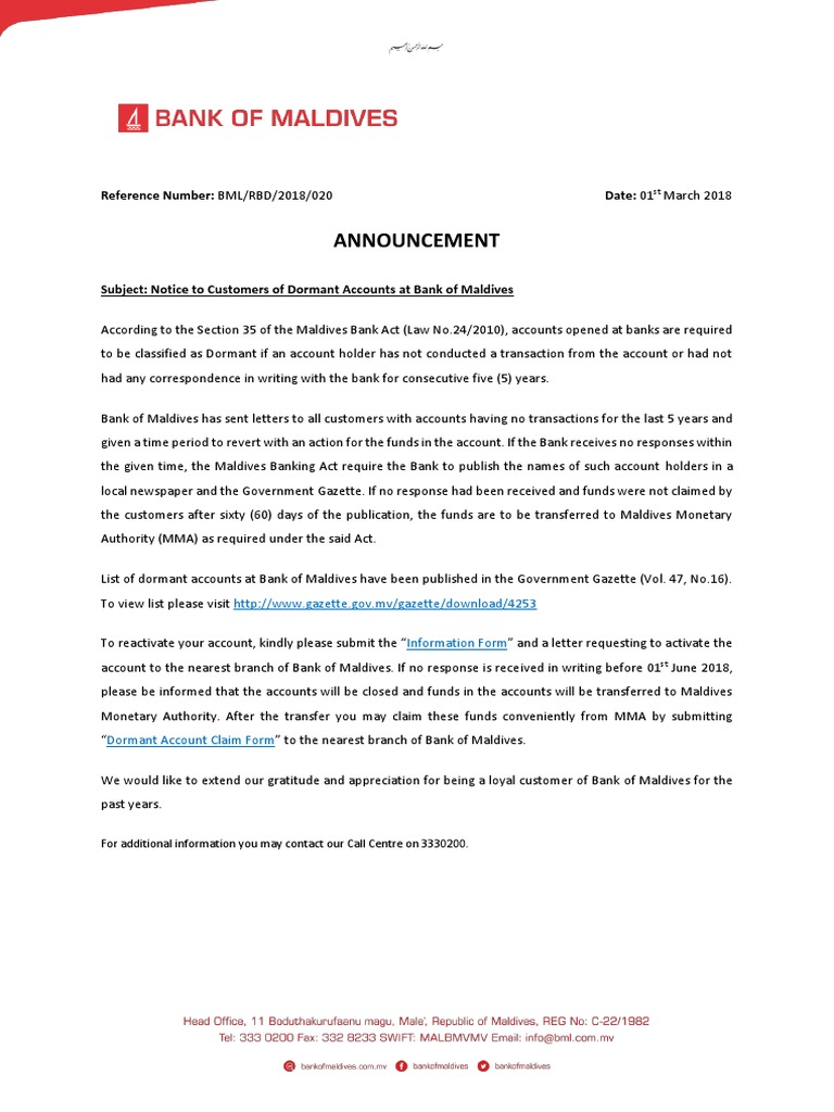 Dormant Account Notice - Bank of Maldives | PDF