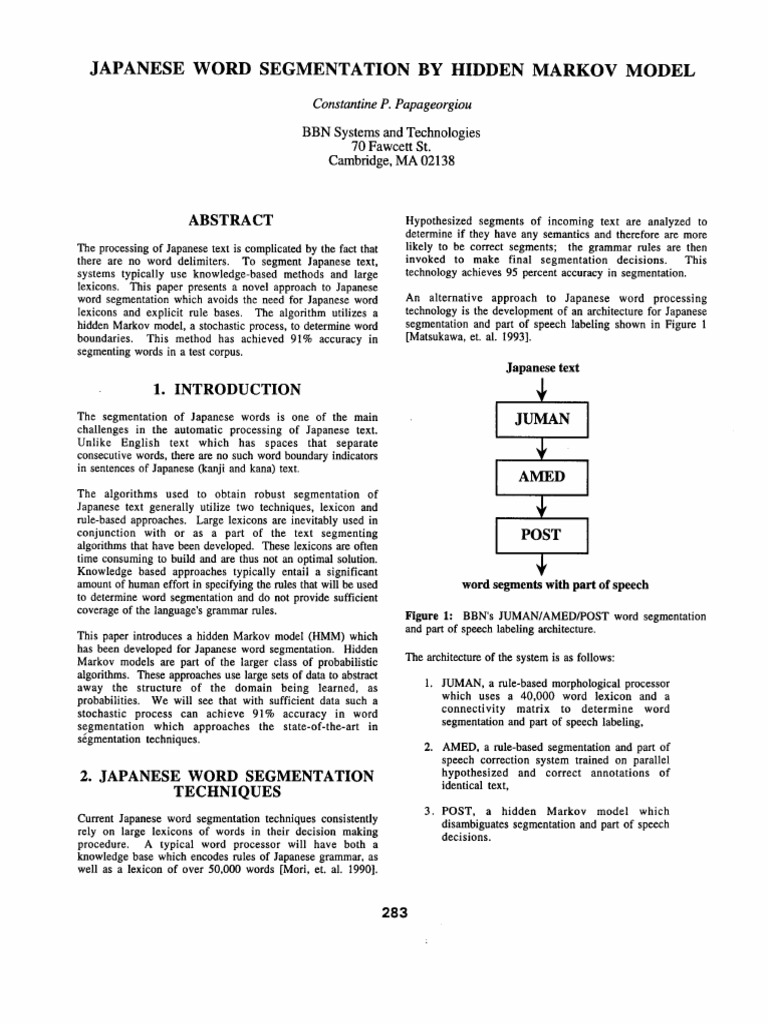 Japanese Word Segmentation by Hidden Markov M O D E L: Constantine P. Papageorgiou | Download ...