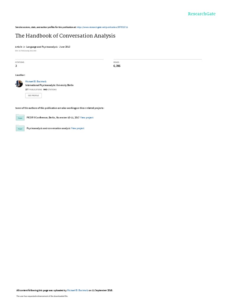 The Handbook of Conversation Analysis | PDF | Psychoanalysis | Emotions