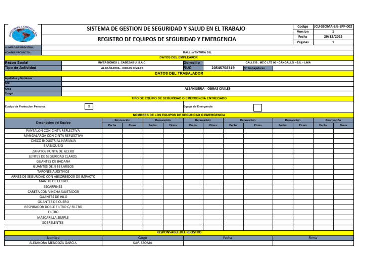 Registro de Entrega de Epp General | PDF | Equipo de protección personal
