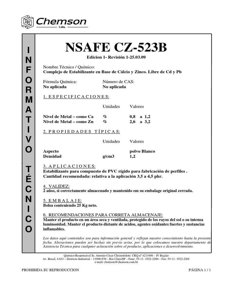 NSAFE CZ-523B Estabilizante Térmico Ca-Zn CHEMSON | PDF