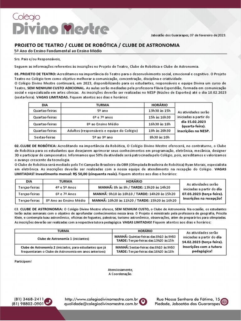 Comunicado - Projeto de Teatro - Clube de Robótica - Clube de Astronomia 2023 07fev23 | PDF ...
