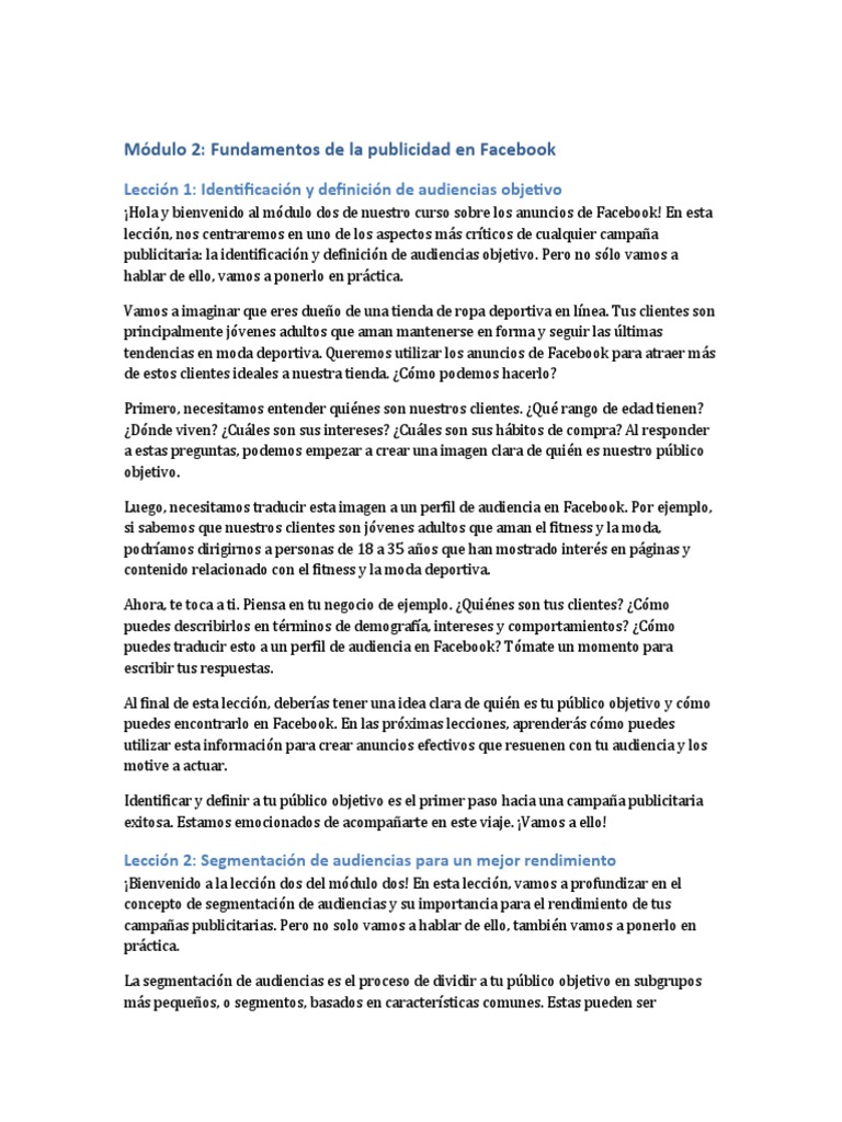 Modulo 2 Leccion 1 2 y 3 Practica | PDF | Publicidad | Facebook