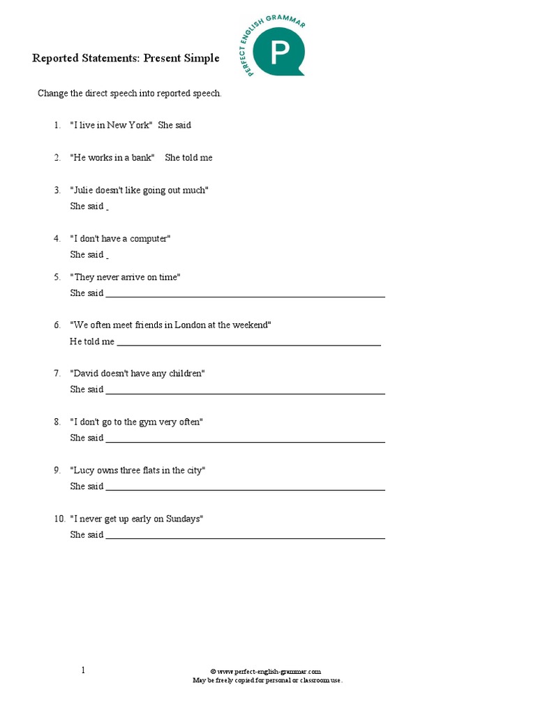 Reported Speech: Present Simple Exercises | PDF | Language Arts ...