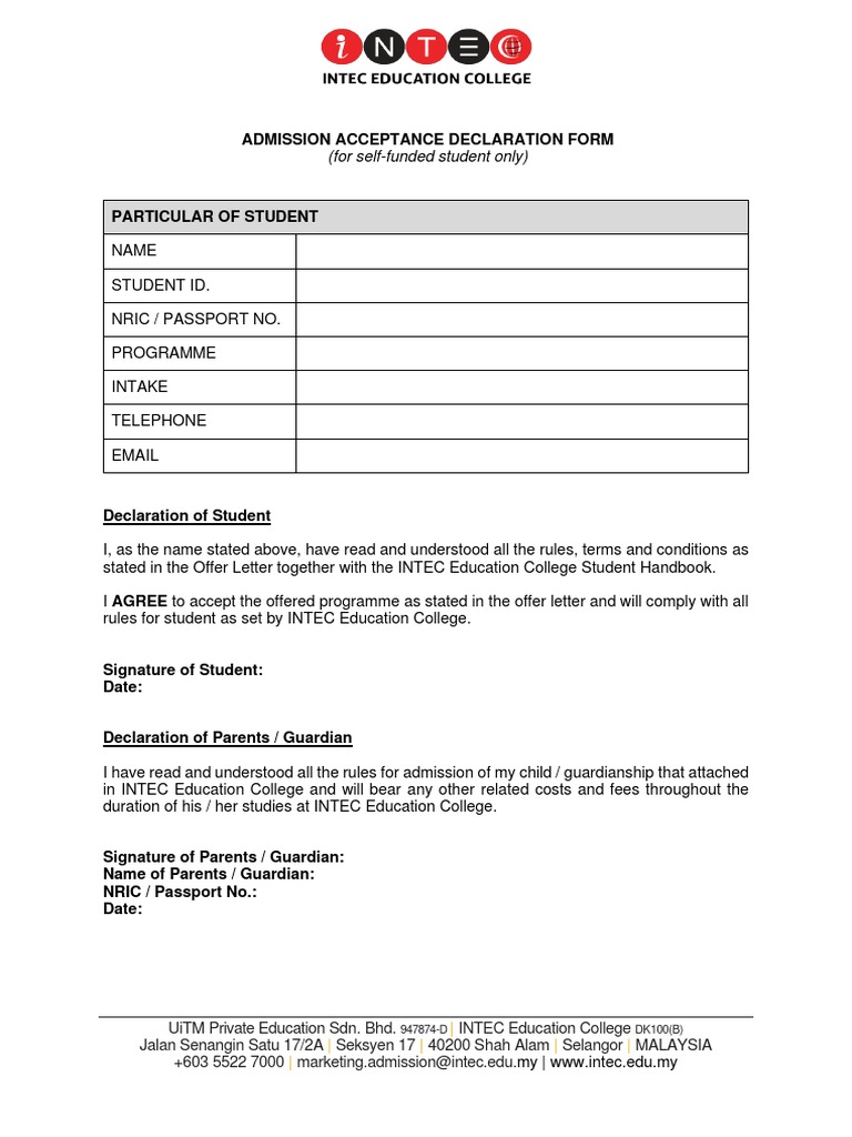 intec acceptance declaration form | PDF