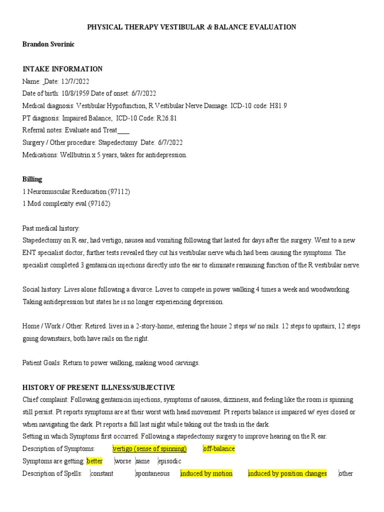 Svorinic November 2022 Vestibular Evaluation Form 2 | PDF | Vertigo | Balance (Ability)