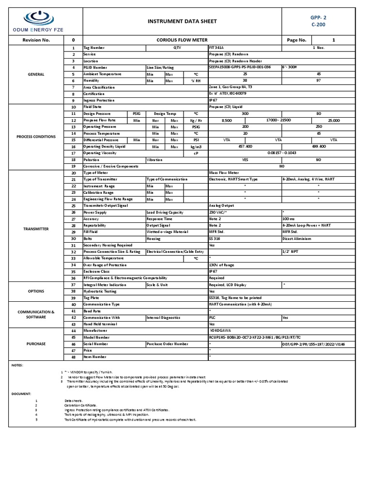 Instrument Data For Coriolis Flow Transmitter | PDF | Flow Measurement ...