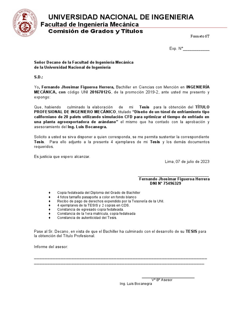 Solicitud de Sustentación de Tesis UNI | PDF | Derecho