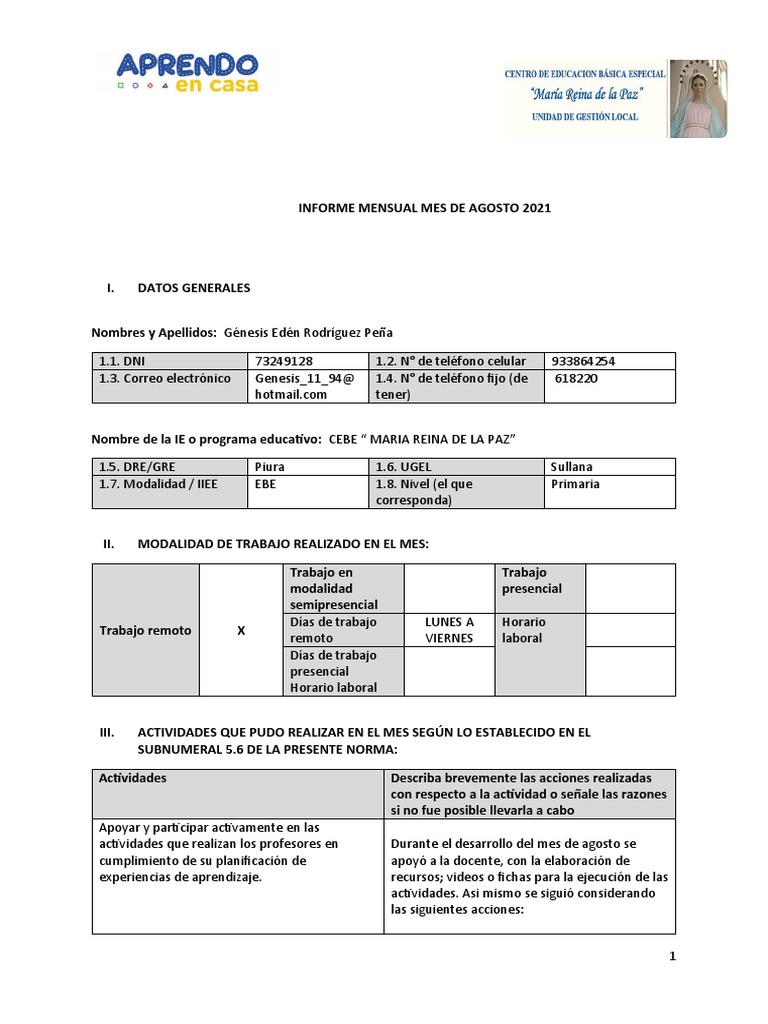 Informe Agosto Genesis Rodriguez | PDF