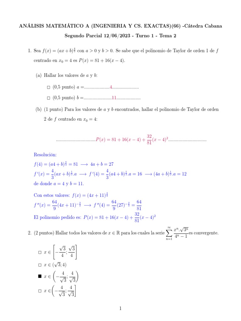 Respuestas 2023 1C 2parcial Tema 2 | PDF | Matemáticas | Análisis matemático